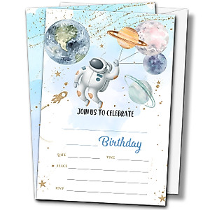 Buildinest Outer Space Birthday Party Invitations with Envelopes (20-Pack), 4"x6" Moon Planets Astronaut Birthday Invitation Cards, Galaxy Blast Off Party Invites-B19