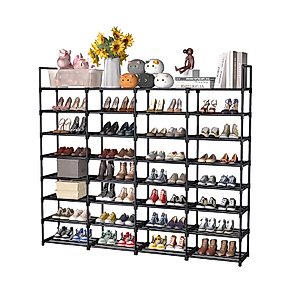 Simple Trending 8-Tier Large Shoe Rack Holds 64 Pairs, Tall Shoe Organizer Storage Shelf can DIY Style with Metal Pipes for Entryway, Closet, Bedroom,Garage, Black