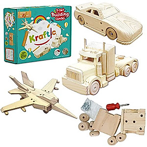 Kraftic Woodworking Building Kit for Kids and Adults, 3 Educational DIY Carpentry Construction Wood Model Kit Toy Projects for Boys and Girls - Build a Wooden Military Jet Race Car and Tractor Trailer