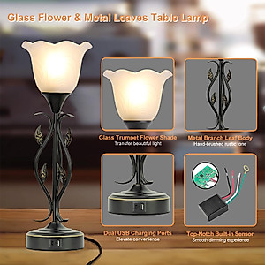 Bedside Lamps, Table Lamp with USB Port 3 Way Dimmable Touch lamp Torchiere Nightstand Lamps with Rustic Vines Leaf and Glass Flower Shade lamp for Bedroom, Living Room, Office