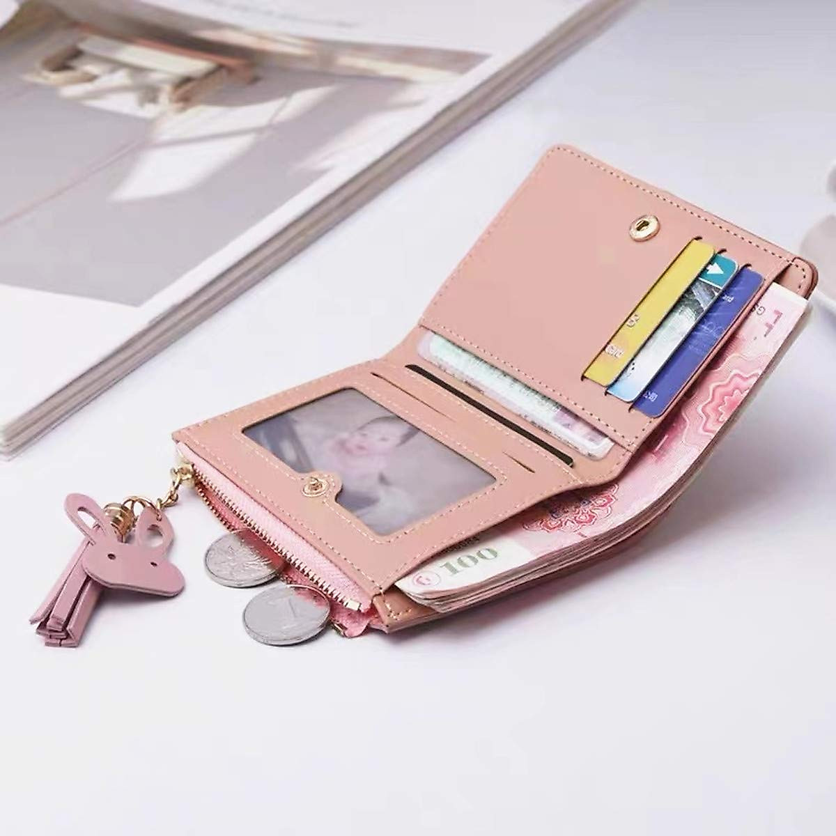 Chicmo Small Wallet for Women Girls, Bifold Slim PU Leather Multi Slots Card Holder Organizer Coin Purse Zipper with Tassel Pendants (Pink)