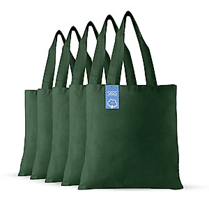 Simply Green Solutions Reusable Cotton Cloth Grocery Craft Bag, 15 x 16 Reusable Tote with Handle, Pack of 5, Forest Green