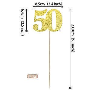12 PCS Glitter 50th Birthday Centerpiece Sticks Number 50 Cake Toppers Fifty Table Flower Topper Decorations for 50th Birthday Anniversary Party Centerpiece Supplies Gold