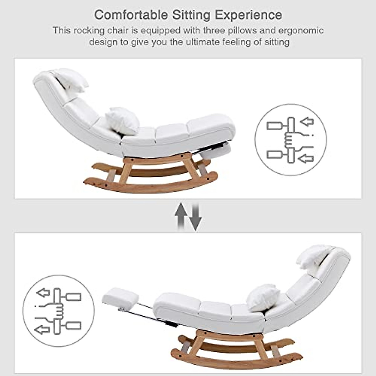 NIOIIKIT Modern Rocking Lounge Chair, Upholstered Glider Chair for Nursery, Accent Rocker Chair with Large Back & Pull Out Pedal, Lie or Sleep Lazy Chair for Living Room, Bedroom, Balcony (White PU)