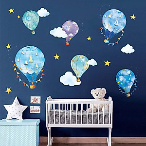 decalmile 6 Nautical Hot Air Balloons Wall Decals Stars Cloud Star Wall Stickers Baby Nursery Kids Bedroom Wall Decor(Size: 10"/6" H)