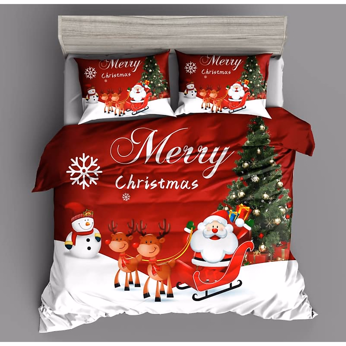 Merry Christmas Duvet Cover Queen Size, 3pc Farmhouse Santa Claus Snowman Snowflake Tree Pattern Microfiber Bedding Comforter Cover Set, 90x90 Red and White New Year Holidays Bed Sets for Women Men