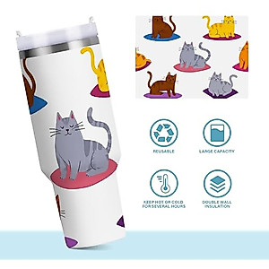 Nexawaveo Cats Do Different Yoga Poses Tumbler with Handle and Straw 30-40 oz Lid Cup Holder Compatible for Travel Insulated Stainless Steel Cup Food Grade PP Gifts for Him Her BPA-free