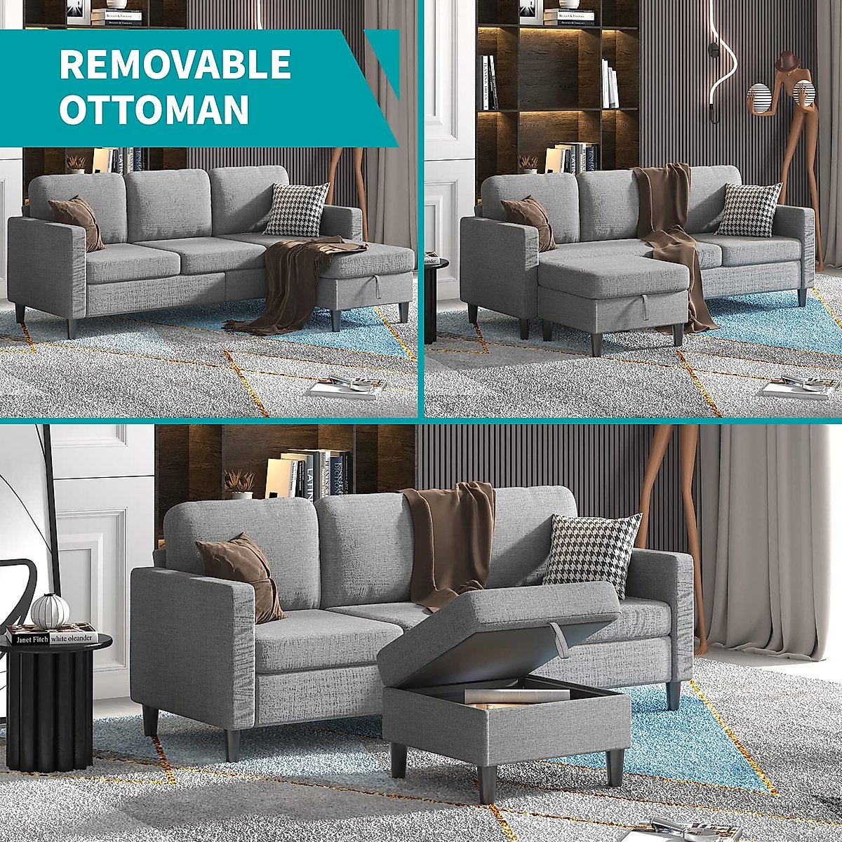 BALUS Convertible Sectional Sofa Couch, 3-Seat L-Shaped, Free-Form with Movable Storage Ottoman, Modern Design for Living Room and Office Spaces, Comfortable and Versatile（Light Gray）