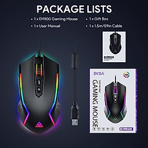 EKSA Gaming Mouse, Computer Mouse with 7 Programmable Buttons, Wired Gaming Mice with Chroma RGB 6 Backlit & Adjustable 8000DPI for Windows PC Gamers