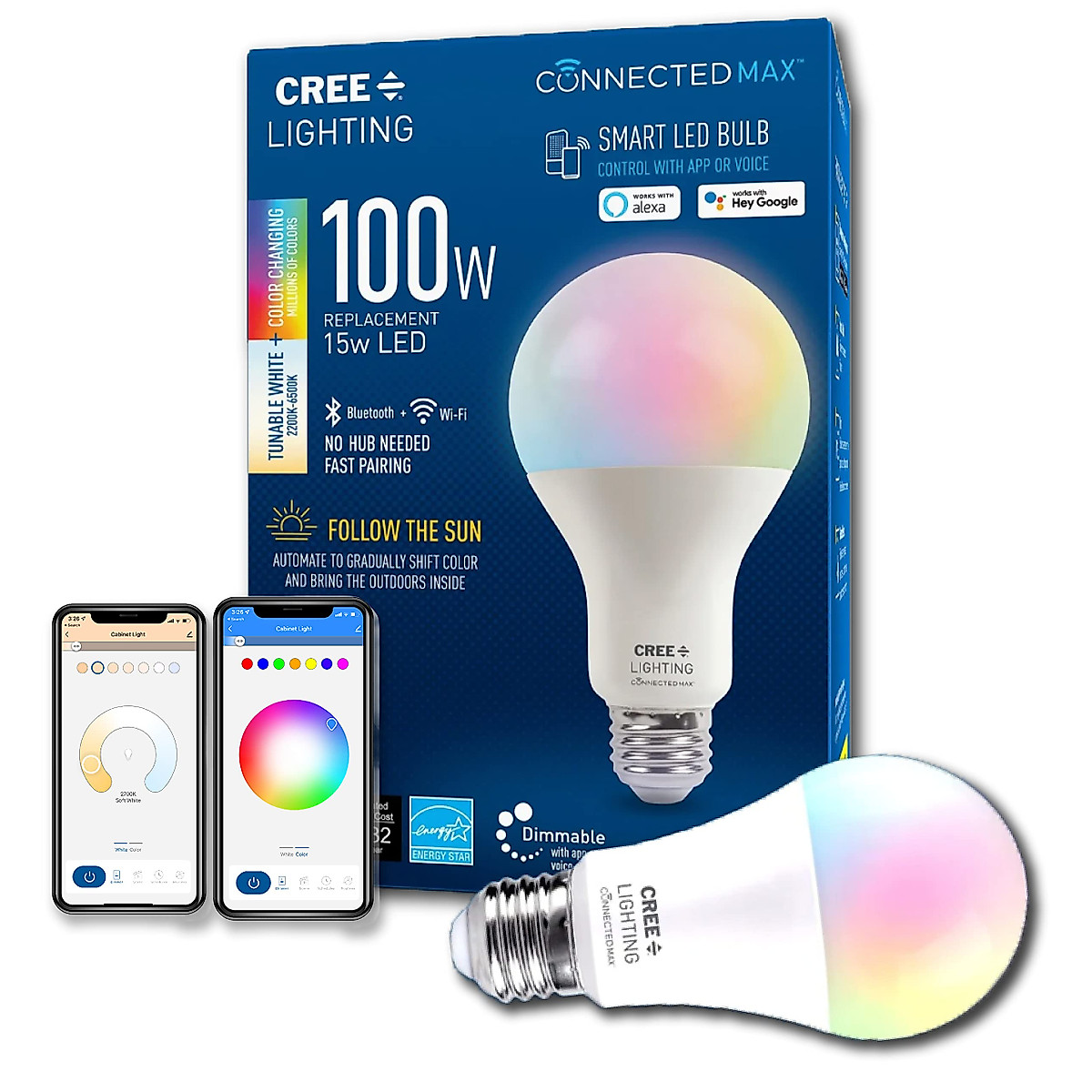 Cree Lighting Connected Max Smart Led Bulb A21 100W Tunable White + Color Changing, 2.4 Ghz, Works With Alexa And Google Home, No Hub Required, Bluetooth + Wifi, 1Pk