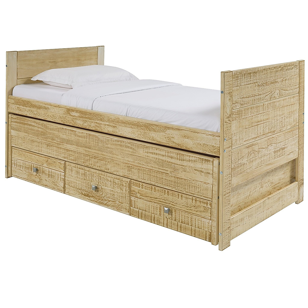 Bedz King All in One Twin Bed with Twin Trundle and 3 Built in Drawers, Weathered Honey