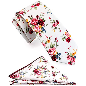 ZENXUS Mens Cotton Skinny Rose Floral White Tie Combo Set with Flower Pocket Square