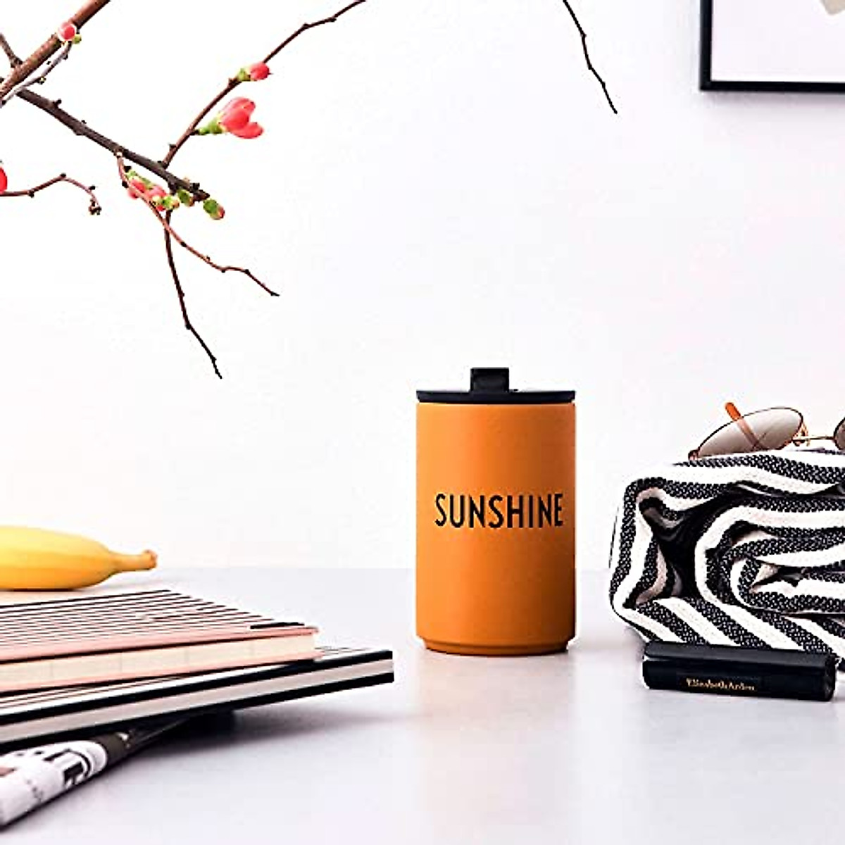 Design Letters Stainless Steel Travel Mug 12 Oz | Vacuum Insulated Tumbler | To Go Thermos Cup Leak Proof with Lid | Modern Travel Coffee Mug| Double Walled Coffee Thermos for Outdoor, Office, Mustard