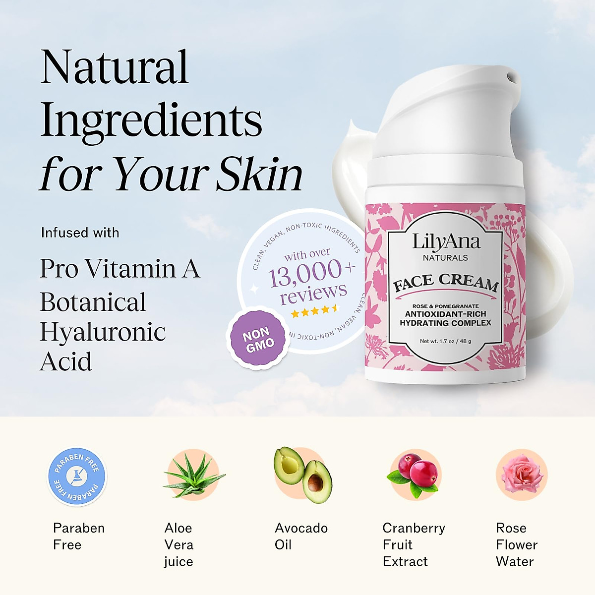 LilyAna Naturals Face and Neck Moisturizer for Women and Men - Moisturizer Face and Neck Cream for Dry Skin and Dark Spot Brightening - Rose and Pomegranate Extracts - 1.7oz