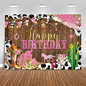 Mocsicka Western Cowgirl Birthday Backdrop Happy Birthday for Girl Party Decorations Banner Rustic West Rodeo Boot Country Birthday Photography Background Photo Booth Props(Pink, 7x5ft (82x60 inch))