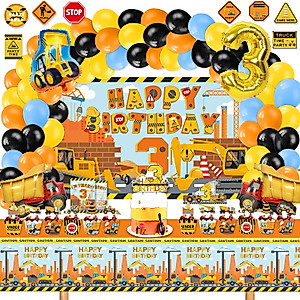 Construction Birthday Party Supplies for 3, 136 Pcs Dump Truck Party Decorations for Boys Baby,Backdrop, Banner, Cake, and Cupcake Toppers, Balloons, Party Traffic Signs, Tablecloth
