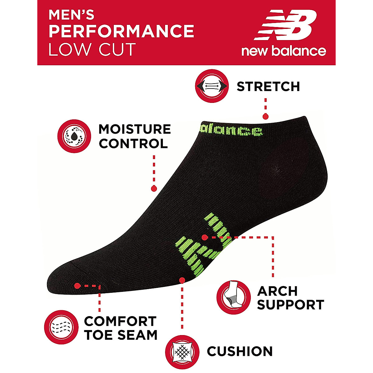 New Balance Men's Low Cut Socks - 12 Pack Performance Cushion No Show Athletic Socks for Men with Arch Support (Size: 6-12.5), Size 6-12.5, Black/Grey Assorted