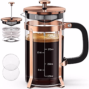 QUQIYSO French Press Coffee Maker 304 Stainless Steel French Press with 4 Filter, Heat Resistant Durable, Easy to Clean, Borosilicate Glass Coffee Press, 100% BPA Free Glass Teapot, 21 ounce, copper