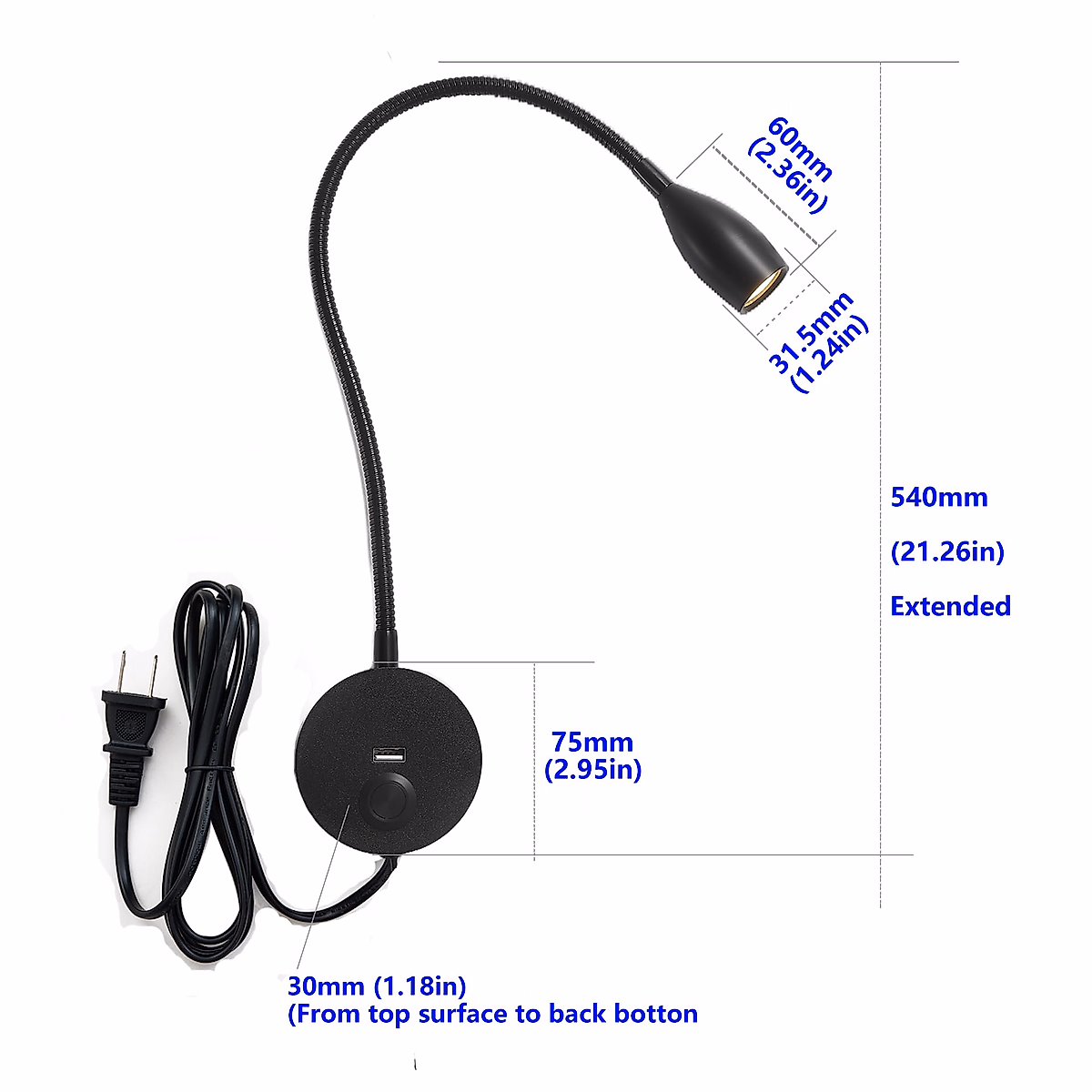 CRISETEK Reading Light Wall Mounted Reading Light headboard Touch Switch Dimmable Reading Lamp Task Directional LED Gooseneck Light AC (120V) Plug in Cable Powered 3W (Matte Black, Warm White)