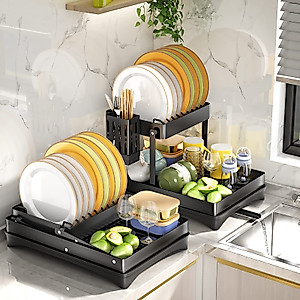 HERJOY Dish Drying Rack, Collapsible Dish Rack for Kitchen Counter with Drainboard Set, Stainless Steel Folding Dish Drainer Organizer Storage with Utensil Holder, Black