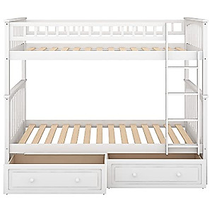 GLORHOME Twin Over Twin Wood Convertible Bunk Bed with Storage Drawers and Full Length Safety Guard Rails,Space Saving Bedroom Furniture, Can Be Converted into 2 Beds
