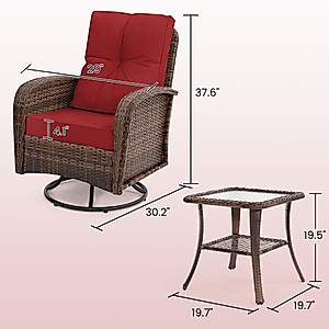 Kromax 3 Pieces Patio Furniture Set, Outdoor Swivel Glider Rocker, Wicker Patio Bistro Set with Rattan Rocking Chair, Glass Top Table with Thick Cushions for Porch Deck, Brown Rattan and Red Cushion