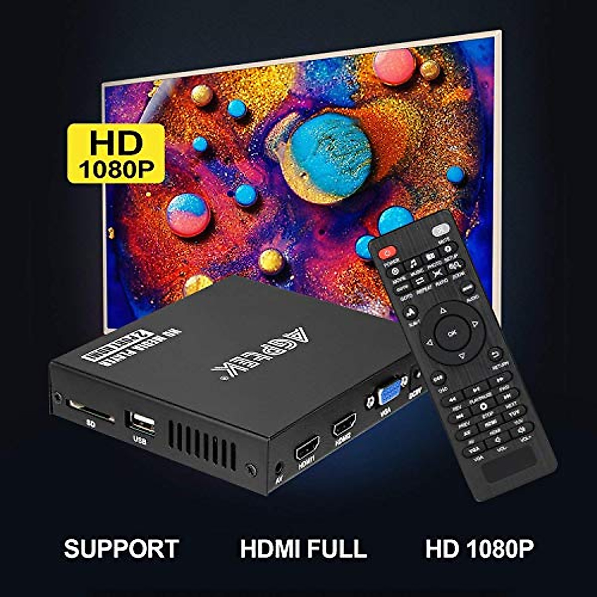 1080P Media Player with Dual HDMI Outpus AV Cable, Portable MP4 Player for Video/Photo/Music Support USB Drive/SD Card/HDD - HDMI/AV/VGA Output