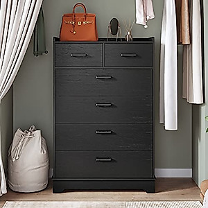 EPHEX Modern Dresser with 6 Drawers, Wood Rustic Tall Chest of Drawers, Black Storage Dressers Organizer for Bedroom, Living Room, Hallway (DDB01)