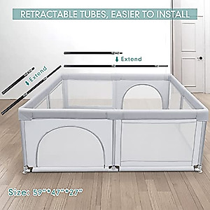 Baby Playpen, Large Playard, Indoor & Outdoor Kids Activity Center with Anti-Slip Base, Sturdy Safety Play Yard with Breathable Mesh, Kid's Fence for Infants Toddlers (Light Grey, 59”x47”)