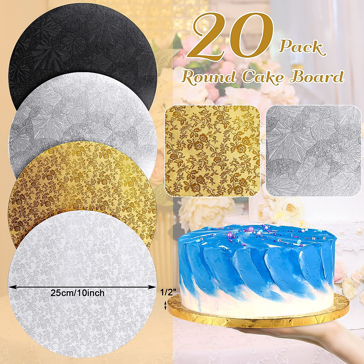 20 Pcs Cake Boards 10 Inch Round Cake Drum with 1/2 Inch Thick Cake Circles Rounds Base Cake Plate Corrugated Cardboard Base for Cakes Bread Desserts Wedding Birthday Party, 4 Colors