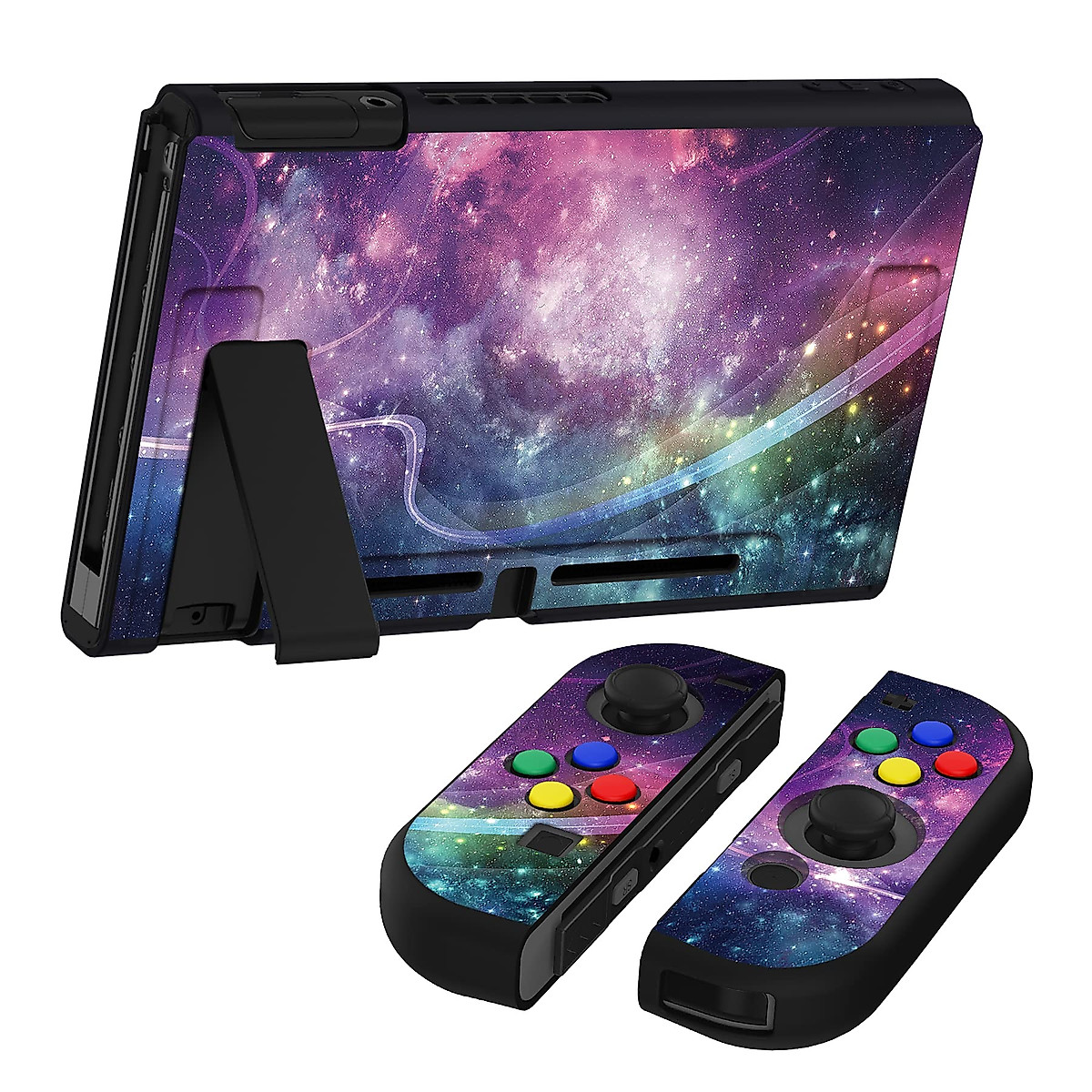 PlayVital Purple Galaxy Protective Case for Nintendo Switch, Soft TPU Slim Case Cover for Nintendo Switch Joycon Console with Colorful ABXY Direction Button Caps