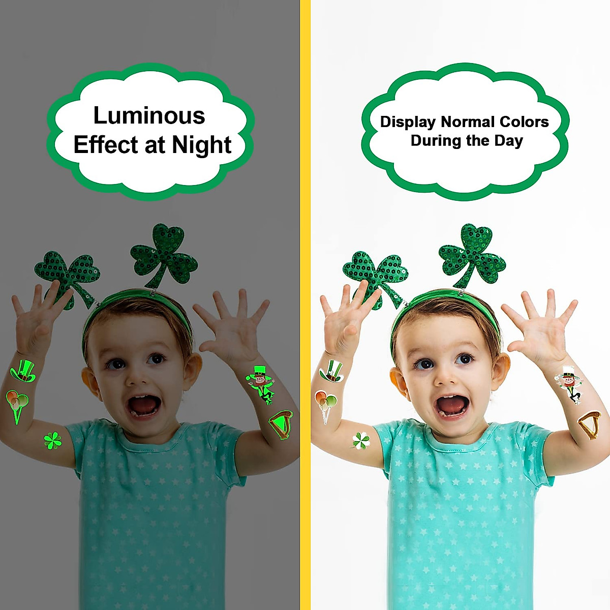 Cerlaza Glow St.Patricks Day Tattoos for Kids, Luminous St.Patricks Day Temporary Tattoos for Boys and Girls, Irish Shamrock Flag Hat Balloons Tattoo Stickers for Party Favors Supplies-10 Sheets