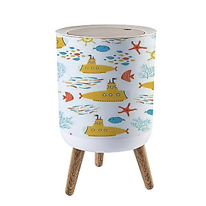Small Trash Can with Lid for Bathroom Kitchen Office Diaper Kids sea seamless yellow submarine fish cartoon style Cute texture for Bedroom Garbage Trash Bin Dog Proof Waste Basket Cute Decorative