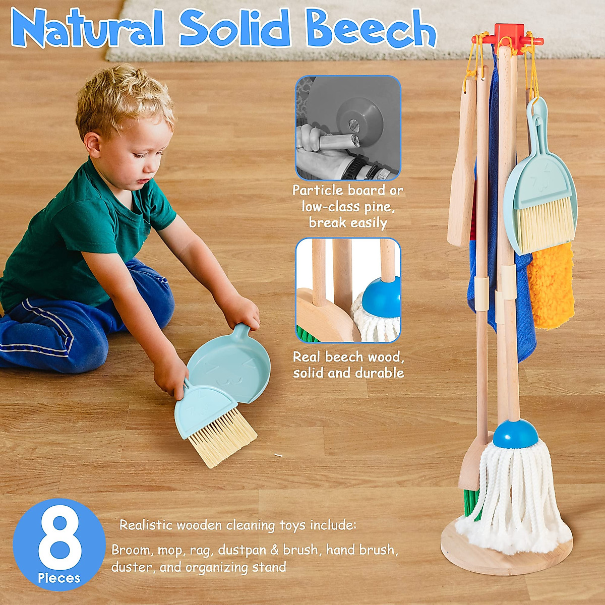 WOODMAM Wooden Kids Cleaning Set for Toddlers,8 Pieces Montessori Cleaning Toys with Kids Broom and Mop Set, Housework Pretend Play Toy Gift for Boys Girls Ages 3+