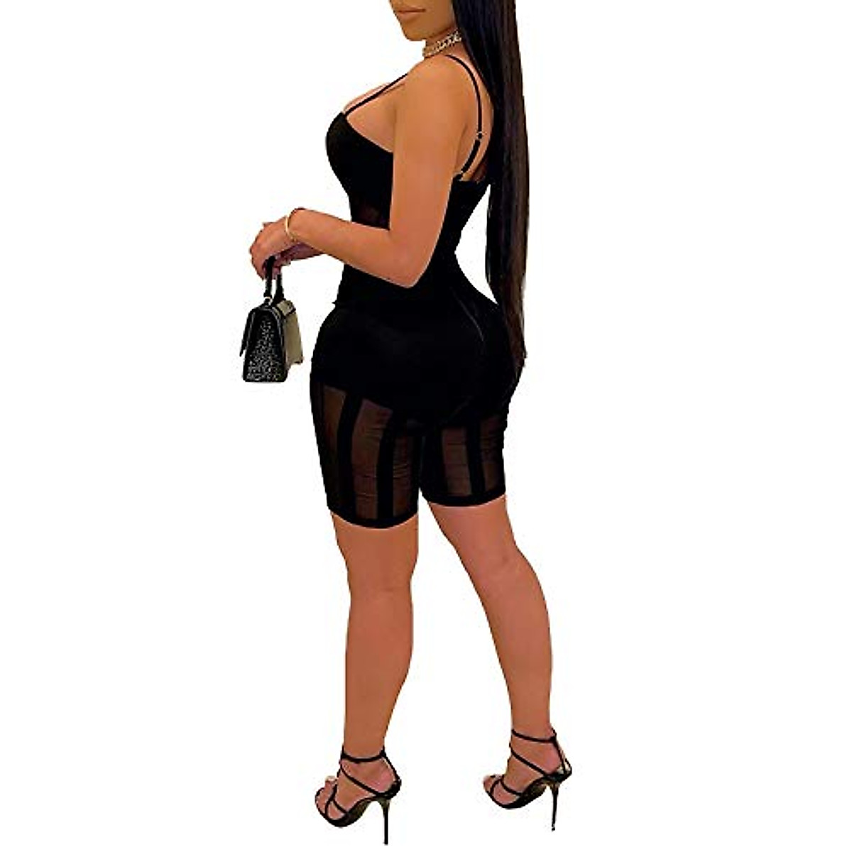 Uni Clau Women Sexy Halter Camisole Mesh Patchwork Jumpsuit See Through Bodycon Short Pants Party Club Romper Black 2XL