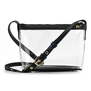 Clear Zipper Cross Body Bag with Vegan Leather Trim (Black)