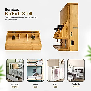House Ur Home Bamboo Bedside Shelf for Bed, Dorm Bed Shelf fits a Laptop, Books, and Drink, Removeable Bedside Tray with USB Ports to Charge Devices, Versatile bunk Bed Shelf for Small Spaces & loft