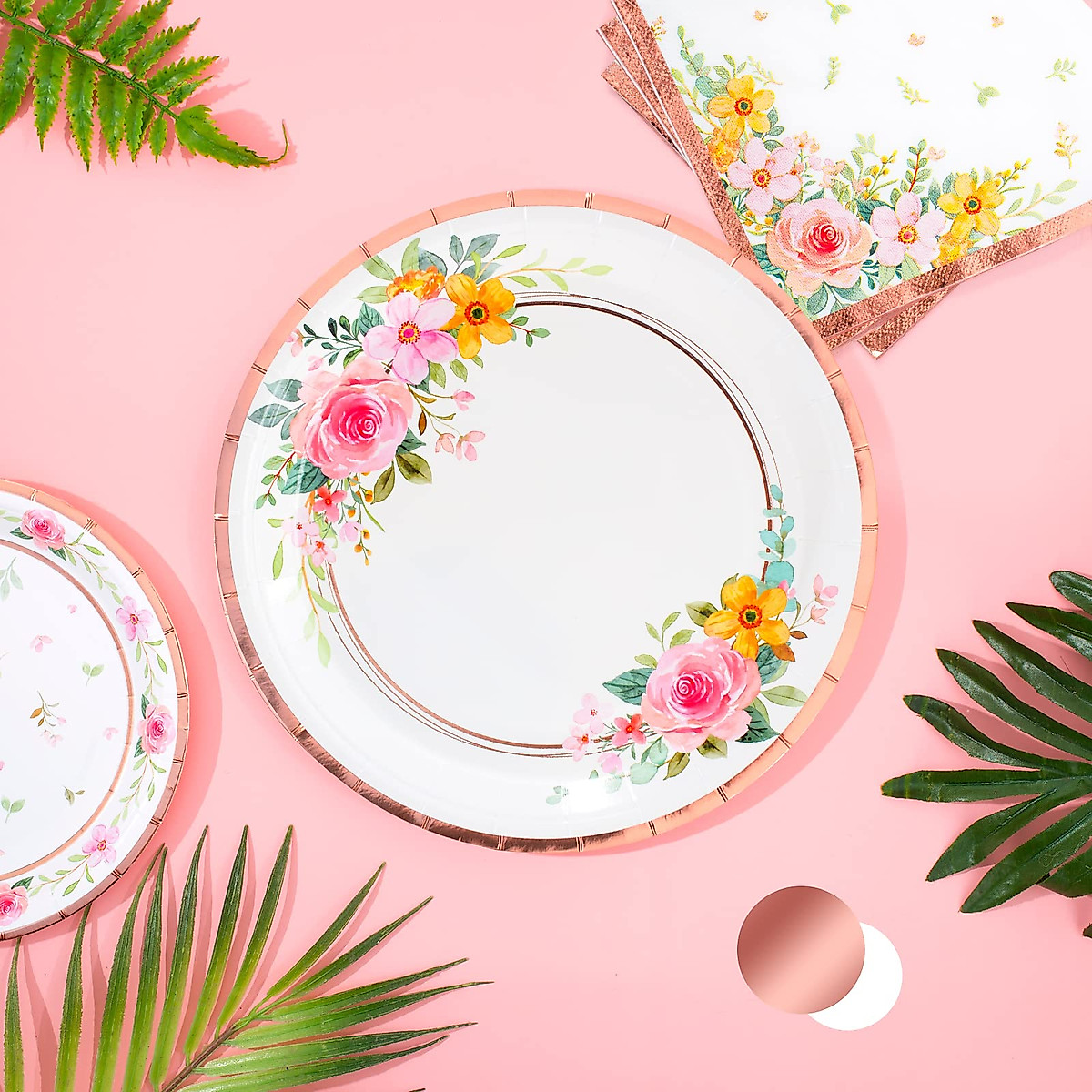 HOMIX Floral Paper Plates and Napkins Cups Sets Pink Flower Tea Party Supplies Disposable Dinnerware Sets Serves 24 for Bridal Shower, Birthdays