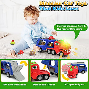DUKASOU Dinosaur Truck Toddler Toys Car for Boys 3-5, Dinosaur Transport Carrier with 7 Pull Back Dino Car&amp; Light Music for Kids Age 3 4 5 6 Gift, Birthday Party for Boys Girls 3-8