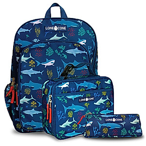 Lone Cone Kids' Backpacks for Boys & Girls, Sizes for Preschool Through Elementary, Shark School, Kit (15" Backpack w/ Lunch Box)