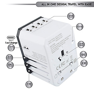 Power Plug Adapter - International Travel (w/5 USB Ports and USB Type C)- Work 150+ Countries - 220 Volt Travel Adapter - Type C A G I A/C - UK Japan China EU Europe European