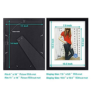 RPJC 11x14 inch Picture Frame Made of Solid Wood and High Definition Glass Display Pictures 8x10 with Mat or 11x14 Without Mat for Table Top Display and Wall Mounting Photo Frame with Stand Black