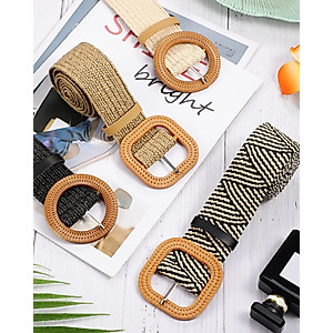 WILLBOND 4 Pcs Straw Woven Belt Elastic Stretch Rattan Buckle Waist Belt Women Skinny Raffia Dress Waist Band(Retro Color,Large)