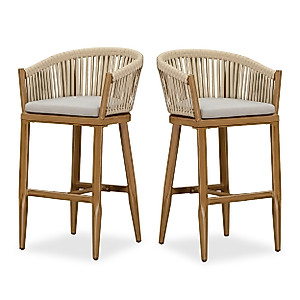 PURPLE LEAF Outdoor Bar Height Stools Set of 2 Patio Metal Modern Wicker Bar Chairs Woven Aluminum Barstools with Back and Cushions for Balcony Garden Indoor Kitchen Poolside Teak