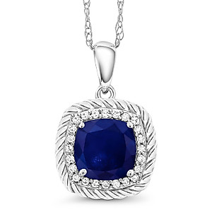 Gem Stone King 10K White Gold 7MM Cushion Gemstone Birthstone and White Diamond Halo Pendant Necklace | Gold Necklace For Women | With 18 Inch Chain