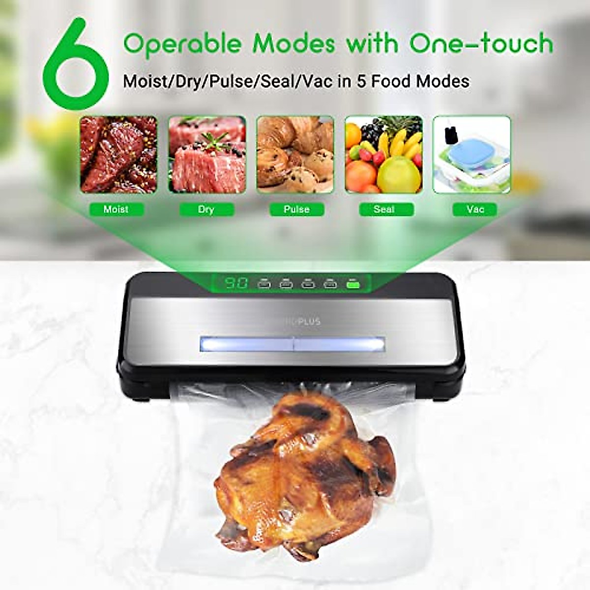 INKBIRD Food Vacuum Sealer Machine, Sealing-Time Countdown& Viewable Window, Automatic Food Sealer, Built-in Cutter and Roll Storage(Up to 20ft), One-Touch Moist Modes for Seasoned Meat, 5-Modes for Daily Need, LED Indicator, Starter Kit with Vacuum Seale