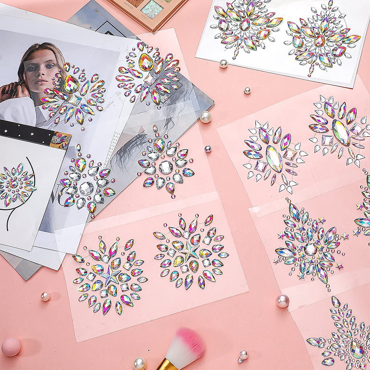 8 Sheet Rhinestone Pasties Glitter Pasties Breast Covers Crystal Tattoo Jewels Pasties Rave Adhesive Breast Body Gems Temporary Chest Stickers Stick Decoration Pasties for Women Festival Makeup Decor