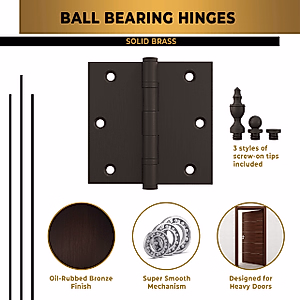 Finsbury Hardware Heavy Duty Door Hinge Bronze Ball Bearing 3.5 x 3.5 Inch Solid Brass Heavy Duty with Decorative Screw-on Tips Included - Set of 2 Hinges (Oil-Rubbed Bronze)