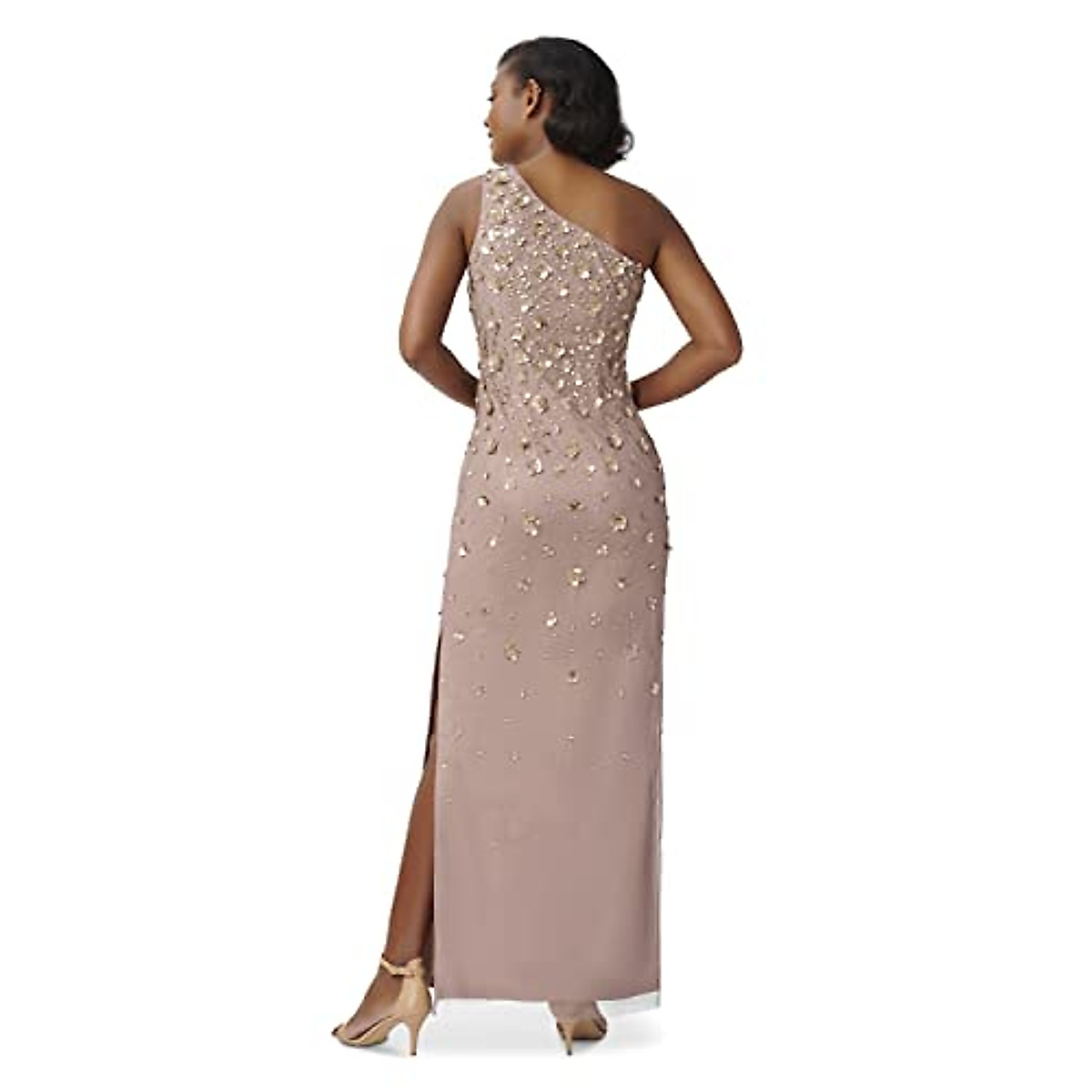 Adrianna Papell Women's One Shoulder Beaded Gown, Stone, 4