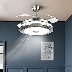 MoreChange 36" Retractable Ceiling Fans with Lights and Music Speaker,Modern Bluetooth LED Chandelier Fans For Dining Room wih Remote Control 3 Speeds 3 Color Changes Lighting Fixtures for Living
